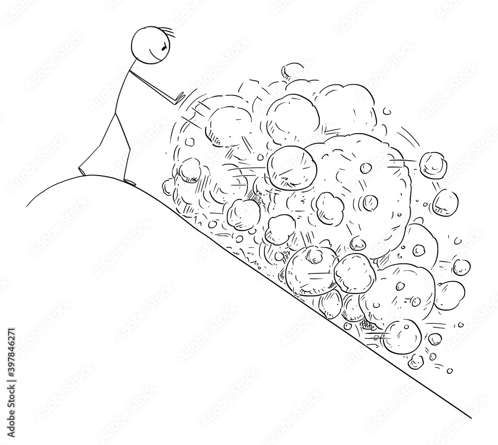 Vector cartoon stick figure illustration of man on top of mountain ...