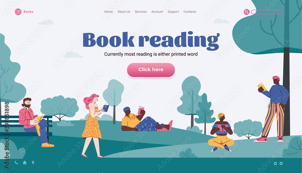 Book reading topic website interface design with cartoon people reading ...
