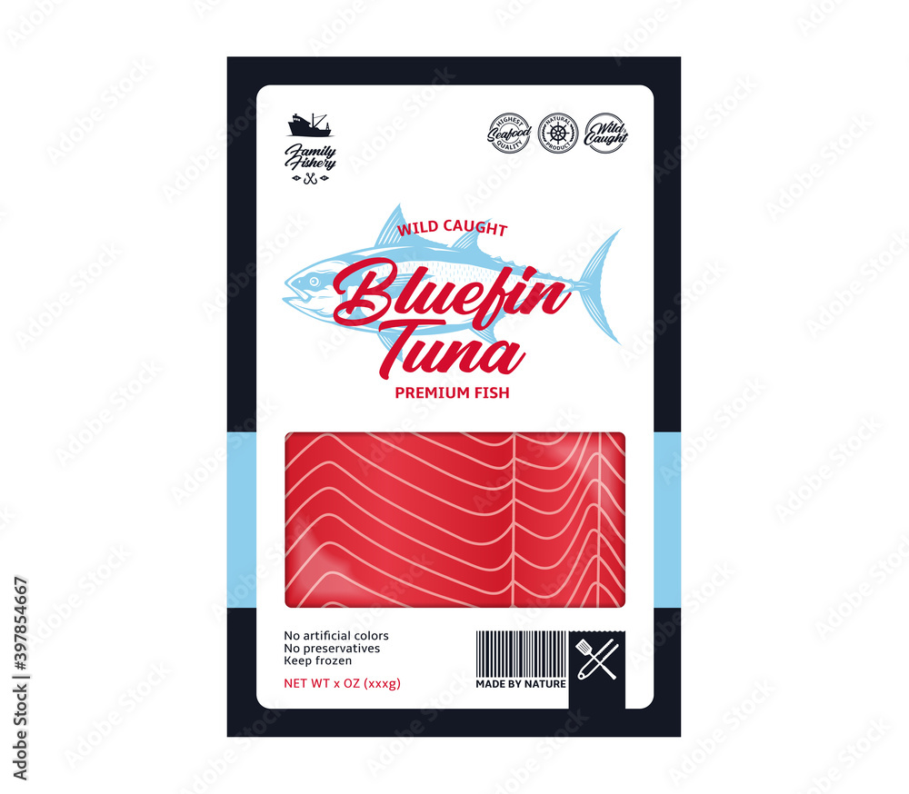 Vector tuna flat style packaging design. Tuna illustration and fish ...