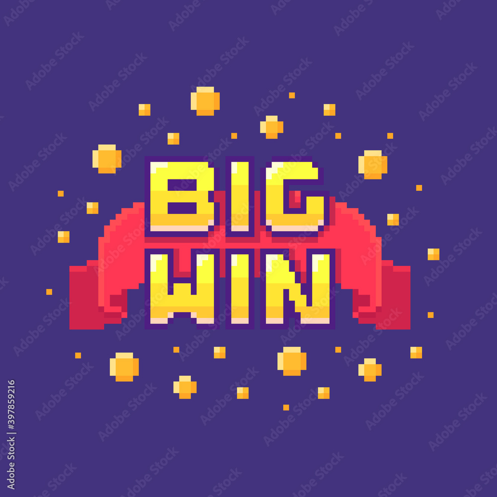 Pixel art GUI sign with red ribbon and phrase Big Win. Stock Vector ...