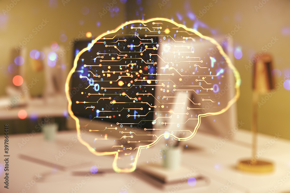 Foto Stock Creative artificial Intelligence concept with human brain hologram on modern laptop ...