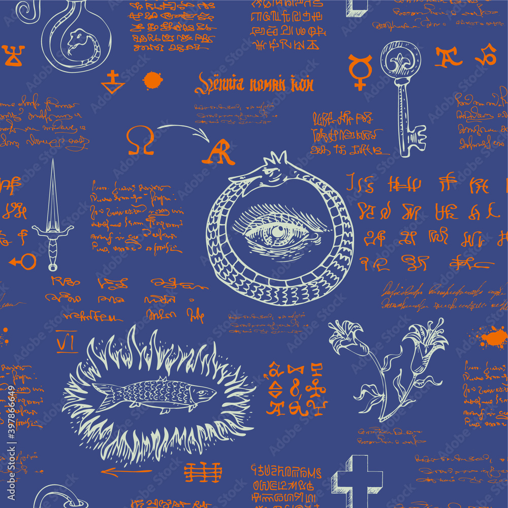 vector image of a seamless texture in the form of an alchemical formula ...