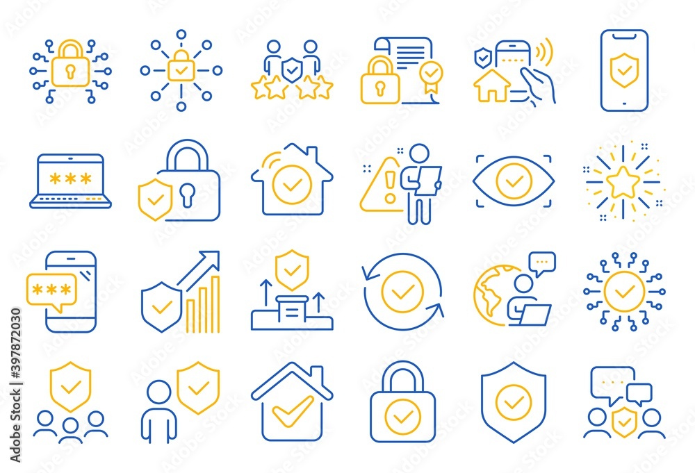 Security line icons. Cyber lock, password, unlock. Guard, shield, home ...