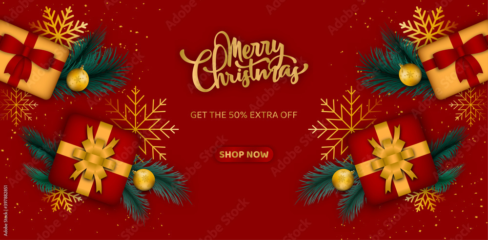 Christmas banner Christmas background design with a red-gold gift box ...