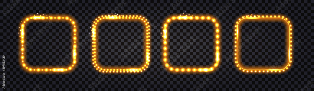 Golden LED light frames isolated with neon glow light. Luminous gold ...