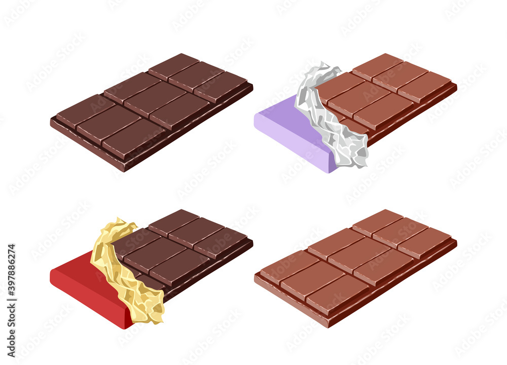 Set of chocolate bars. Black and milk chocolate in a wrapper and open ...