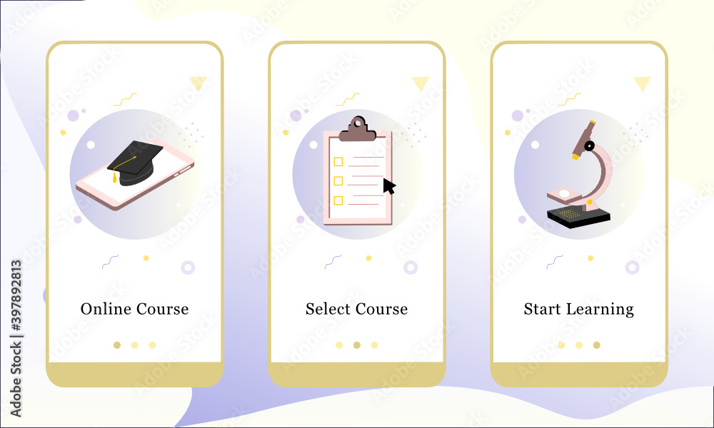 Mobile application design template set for Online Course, Select Course ...