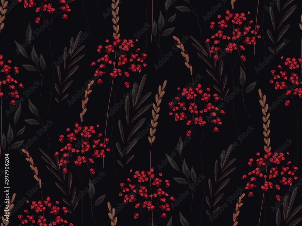 Seamless pattern with wildflowers. Various dry plants, dark foliage and ...