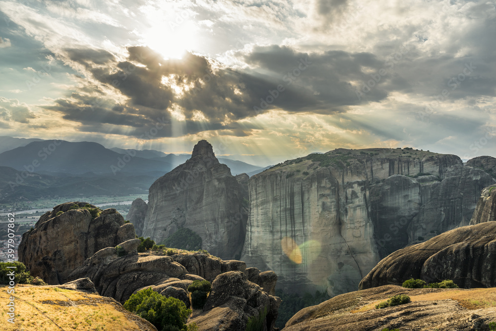 Meteora rock formation in Greece . Unique and enormous columns of rock ...
