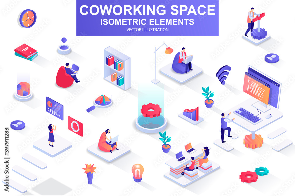 Coworking space bundle of isometric elements. Freelancer work with ...
