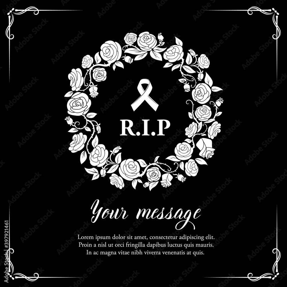 Funerary square frame with roses wreath and mourning ribbon. Funeral ...