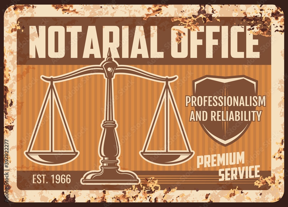 Notarial office rusty metal plate, vector notary service legal support ...