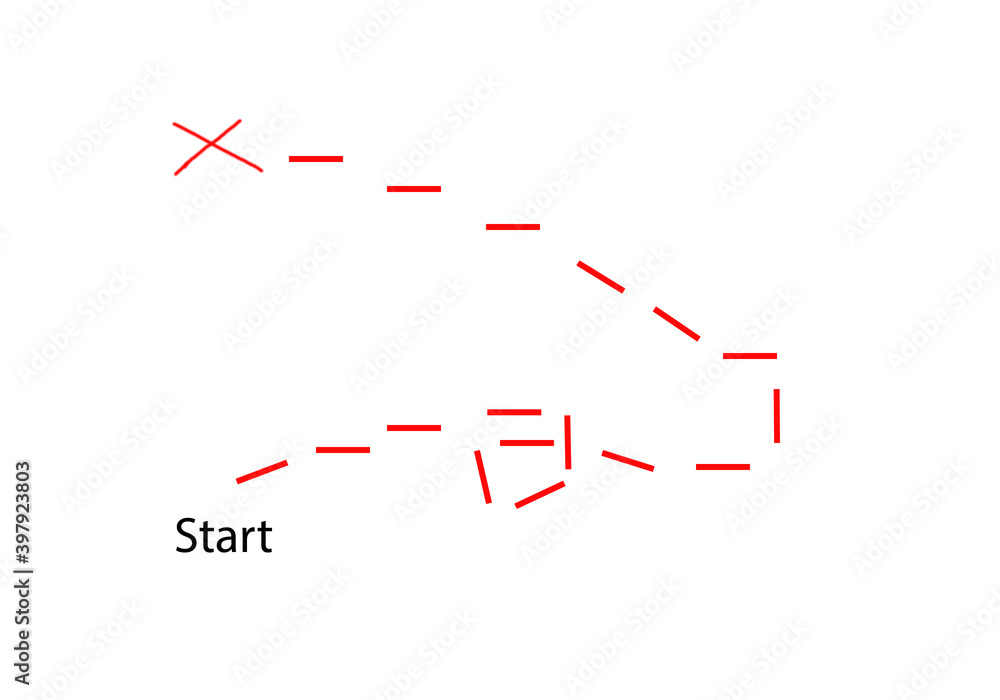 Simple treasure map with a start, red dashes and a red X on a white ...