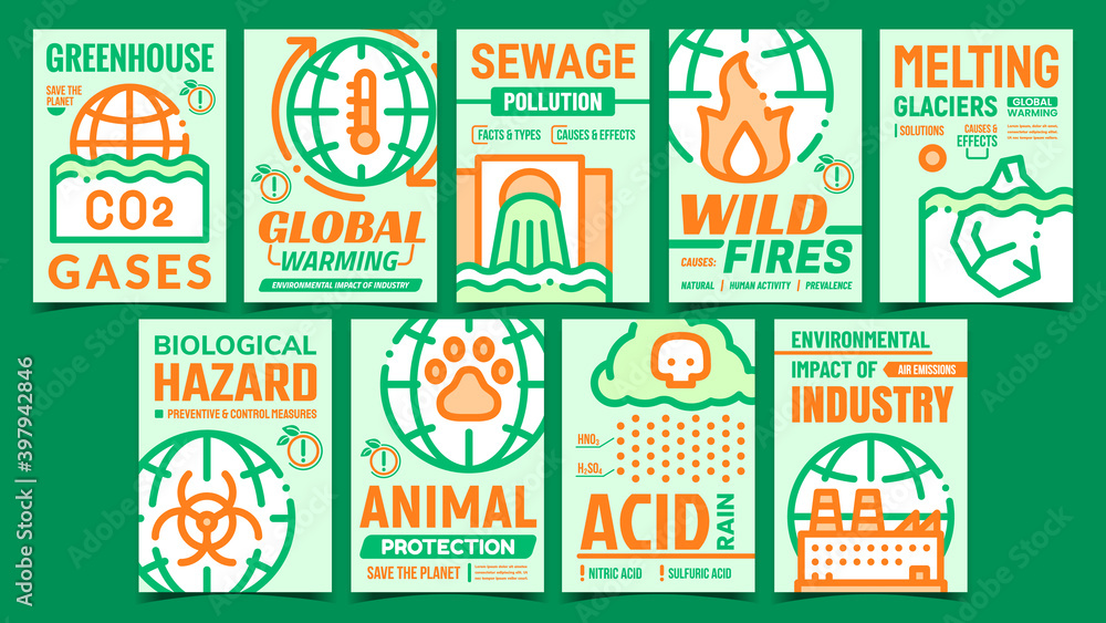 Vetor de Environmental Problems Promo Posters Set Vector. Greenhouse ...