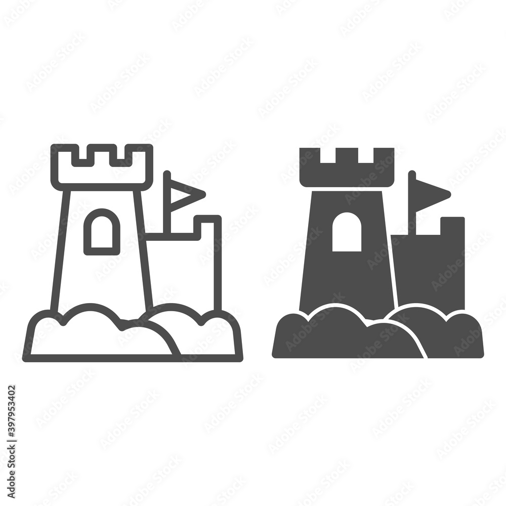 Castle with flag line and solid icon, waterpark concept, Sandcastle ...
