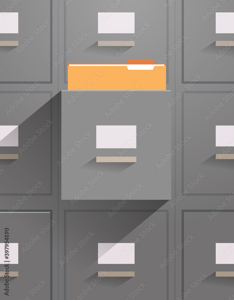 office wall of filing cabinet with open card catalog document data ...