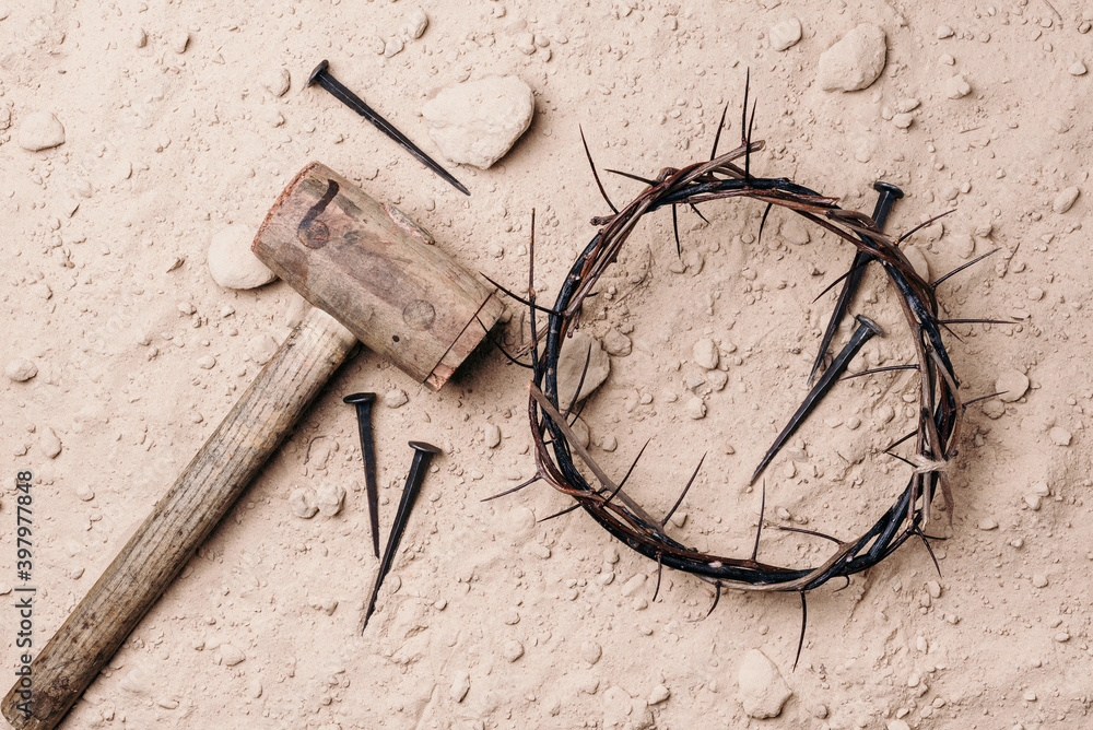 Good Friday, Passion of Jesus Christ. Crown of thorns, hammer, old ...
