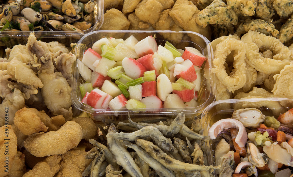Finger food. Top view of a seafood platter with snacks and nibbles such ...