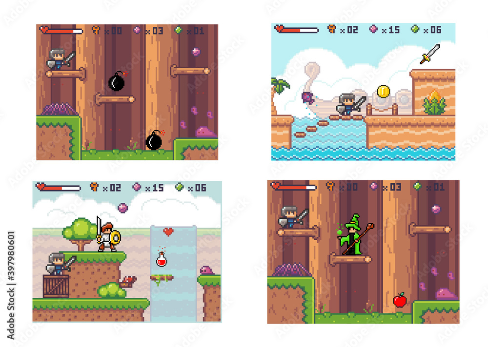 Set of illustrations about pixel game. Knight in armor collects coins ...