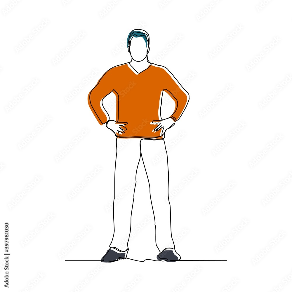 Continuous line drawing of standing young man gesture. Vector ...