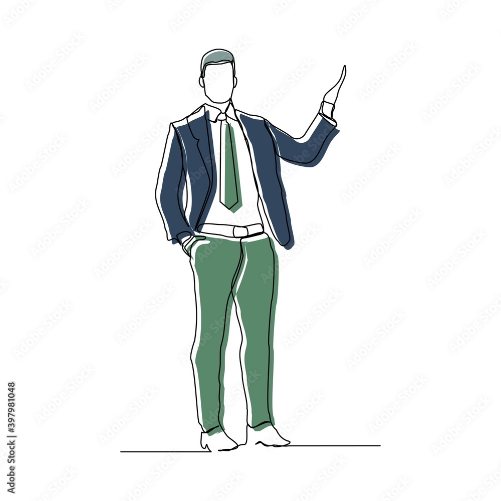 Continuous line drawing of standing business man show presentation ...
