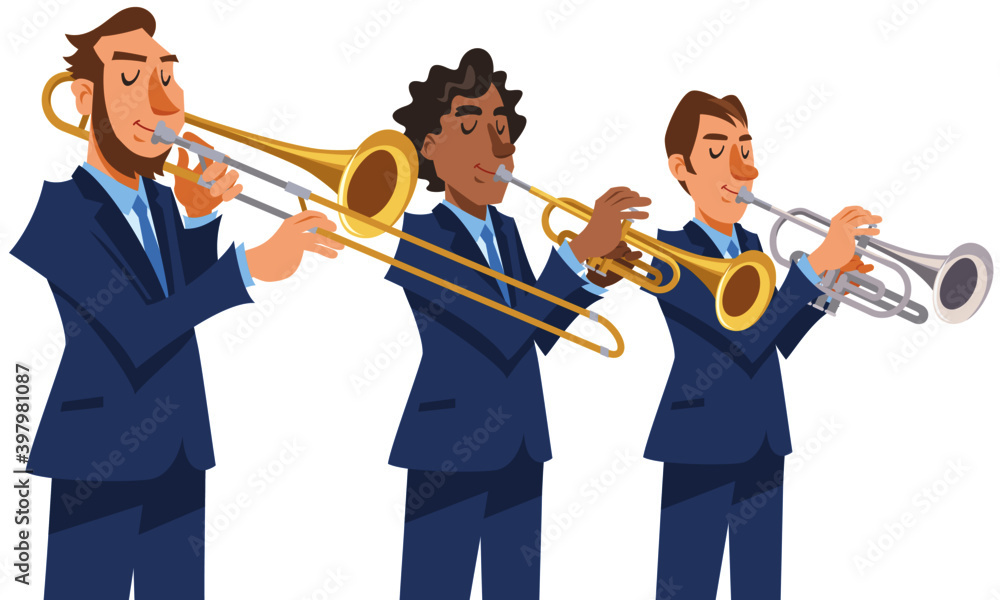 Jazz trumpet players performing on isolated white background. Playing ...