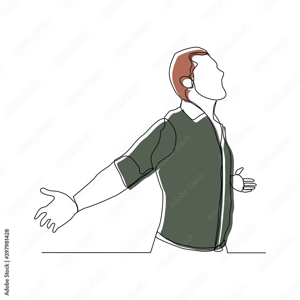 Continuous line drawing of happy man open hand palm feel free. Vector ...