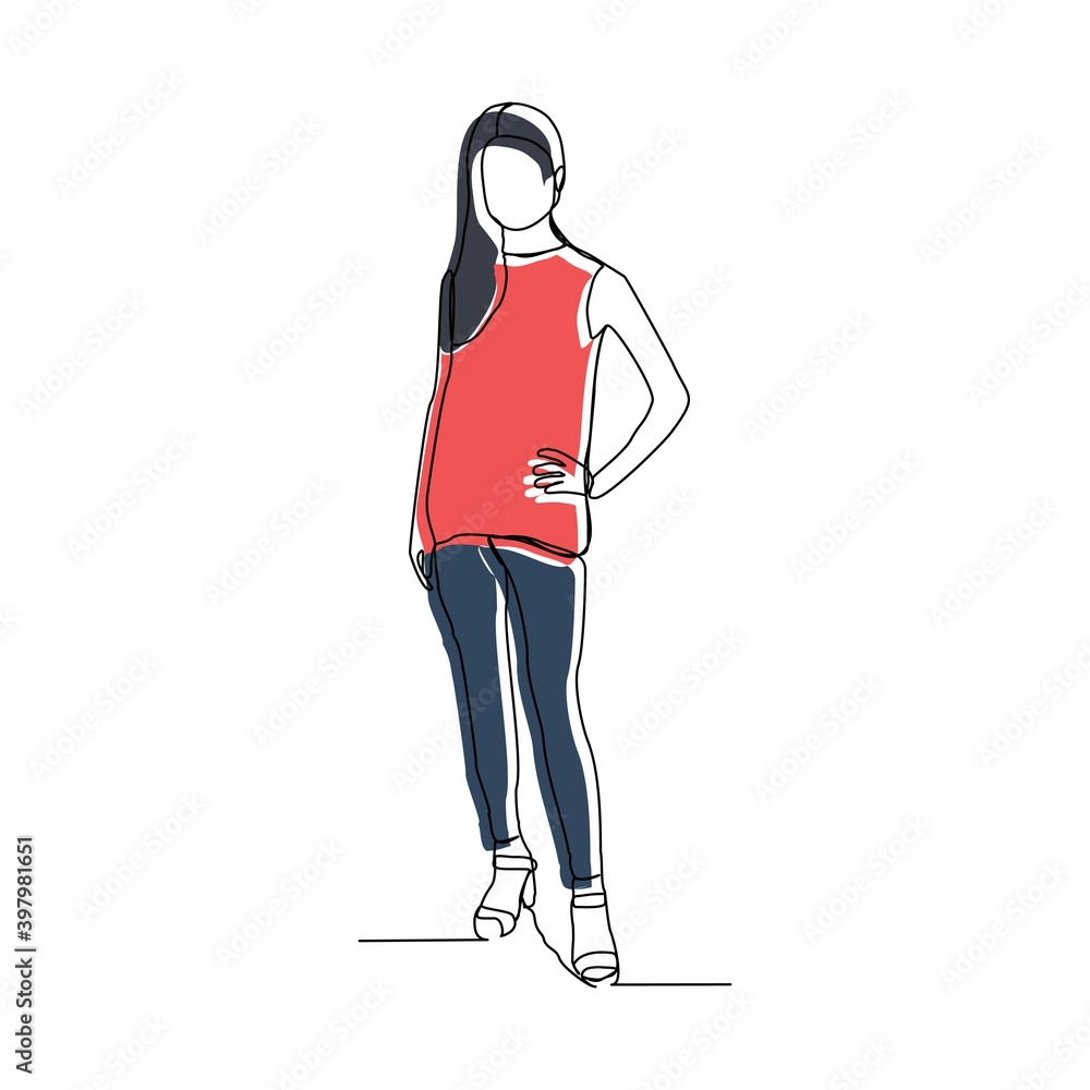 Continuous line drawing of standing woman gesture. Vector illustration ...