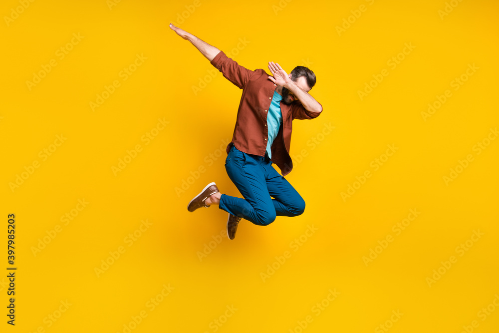 Full length body size photo of male student showing hype dab sign ...