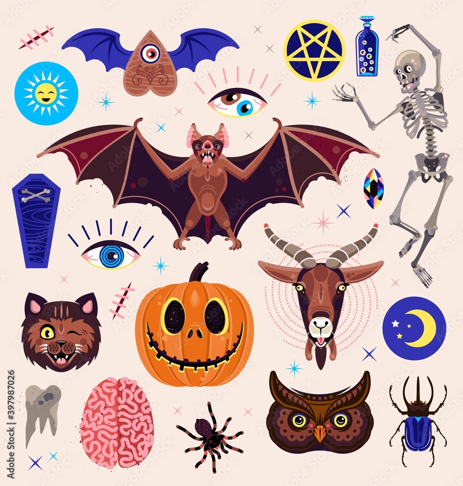 Occultism Set With Magic Characters. Goat, Pumpkin, Cat, Skeleton ...