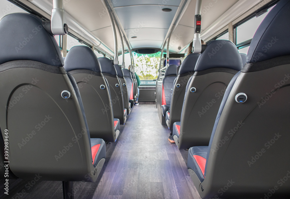 Inside interior of modern bus double decker bus showing seating and ...
