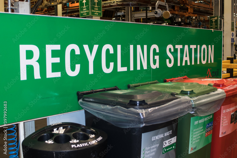 Recycling Station large sign with coloured bins for recycling of waste ...