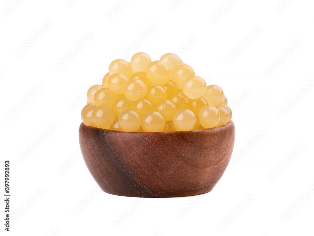 Yellow tapioca pearls for bubble tea isolated on white background ...