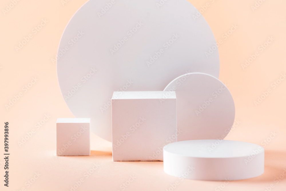 Abstract empty geometric shape podium for product on pastel beige ...