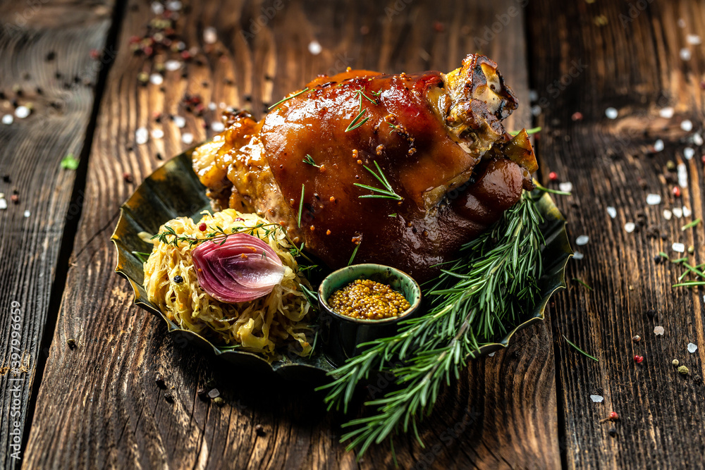 Traditional German cuisine, Schweinshaxe roasted ham hock, Bavarian ...