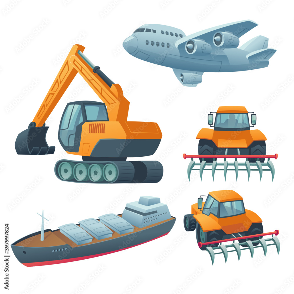 Transport modes, Heavy machinery, airplane and freight ship. Excavator ...