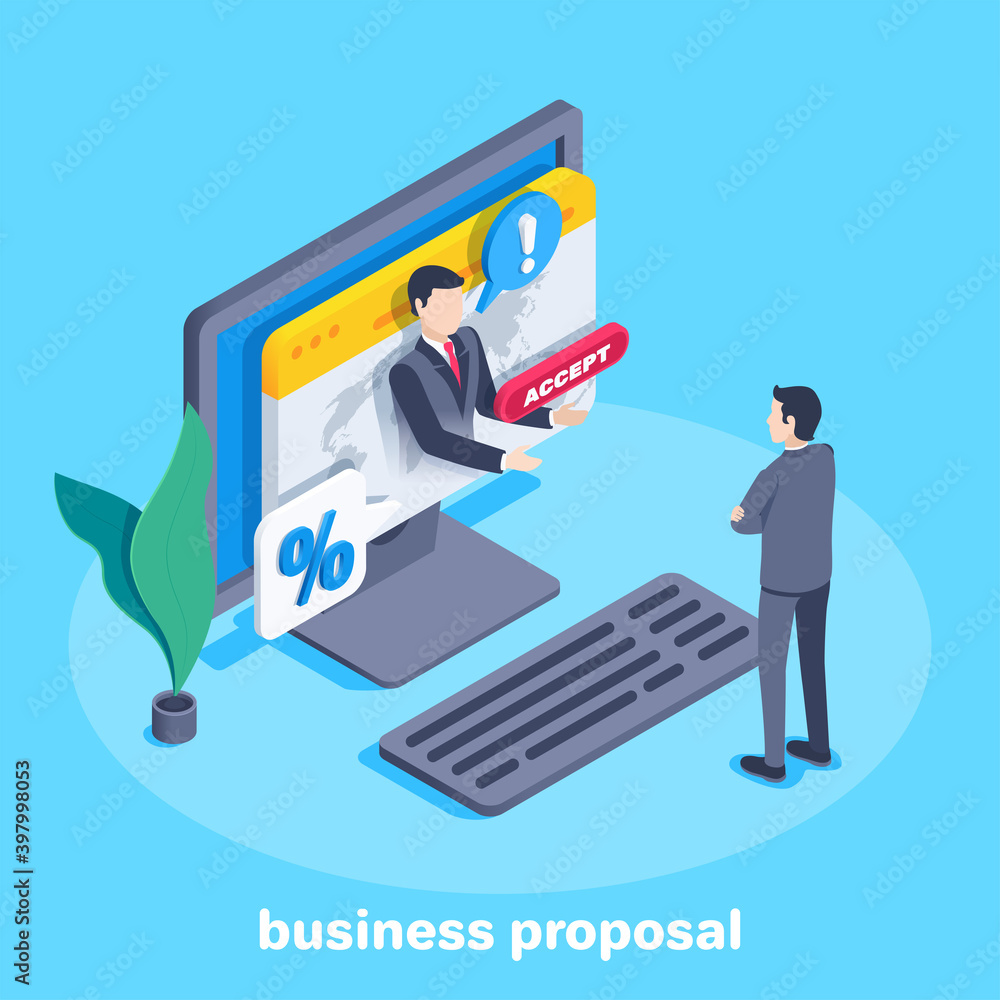 isometric vector illustration on blue background, man in business suit ...