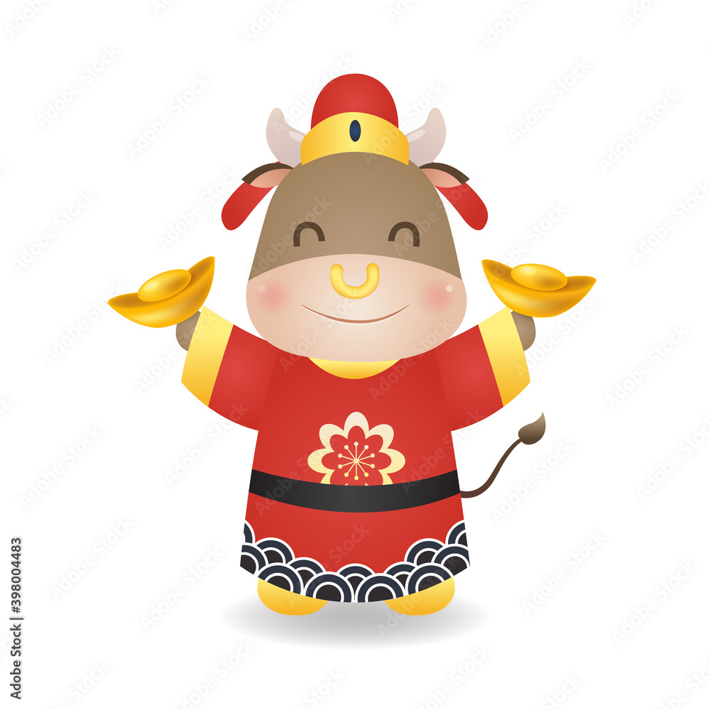 Cute ox character in Chinese costume smiling while holding gold in both ...