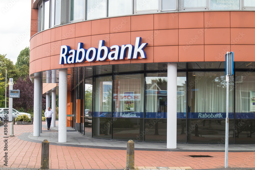 Rabobank building branch entrance with sign, logo, signage on the ... Rabobank building branch entrance with sign, logo, signage on the ...
