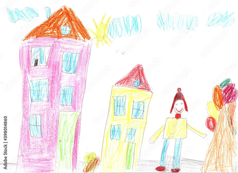 Child's drawing of a happy kids on a walk outdoors Stock Illustration ...