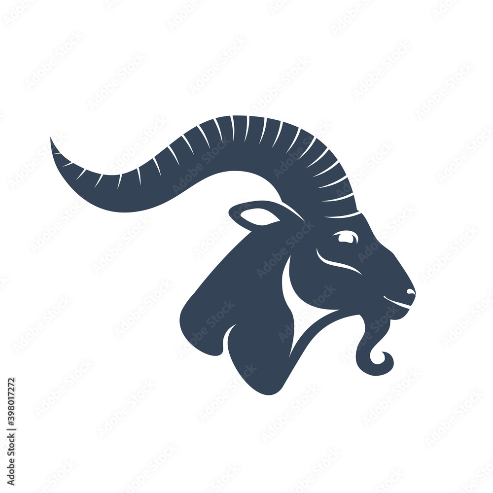Black zodiac sign Capricorn depicting a goat head with huge horn. Side ...