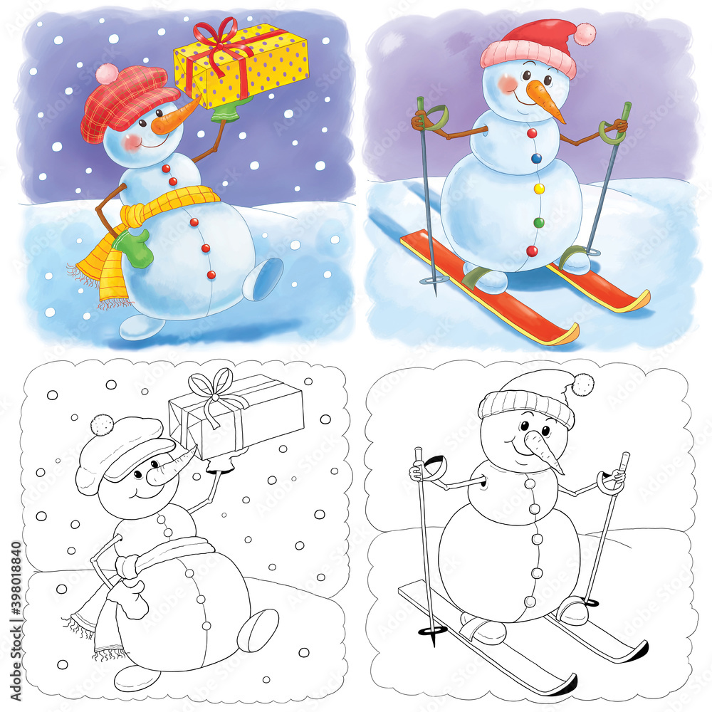 New Year, Christmas, winter. Set of cute snowmen. Coloring page ...