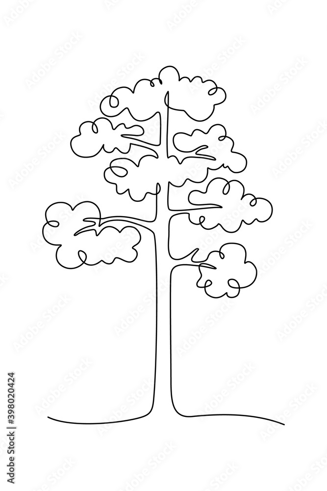 Tree in continuous line art drawing style. Pine tree black linear ...