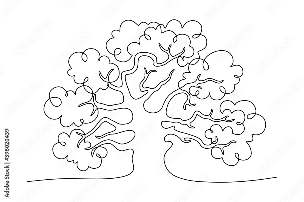 Old tree in continuous line art drawing style. Huge oak tree with thick ...