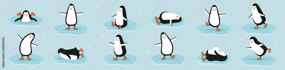 Penguins set. Cartoon character. Bird, wildlife, animal. Lying position ...
