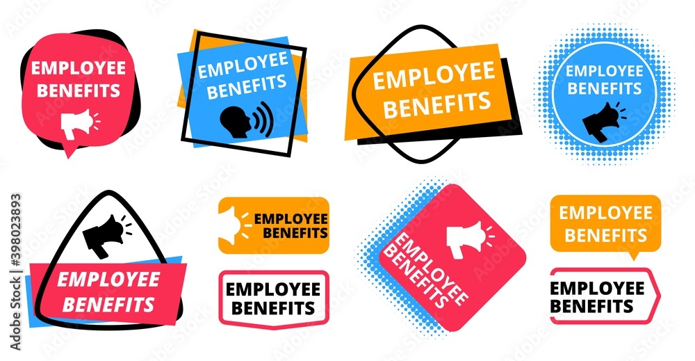 Employee benefits labels. Announcement for workers, positive HR policy ...
