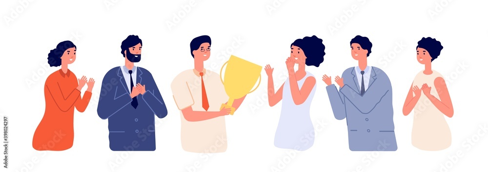 Employee congratulation. Emotional greeting, executive woman get reward ...