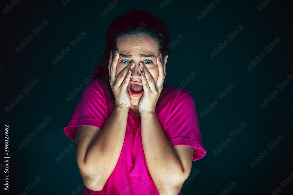 Crying. Portrait of young crazy scared and shocked caucasian woman ...
