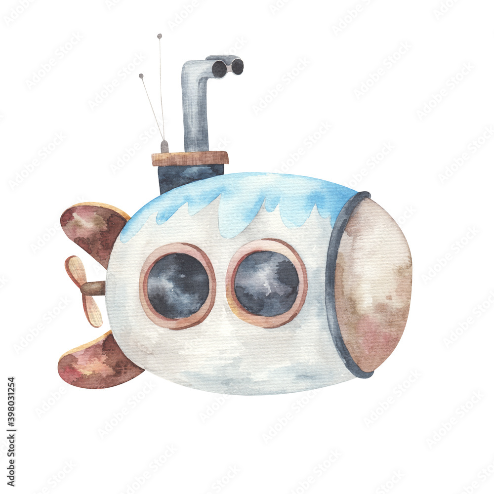 cute blue submarine, child transport, watercolor illustration on white ...