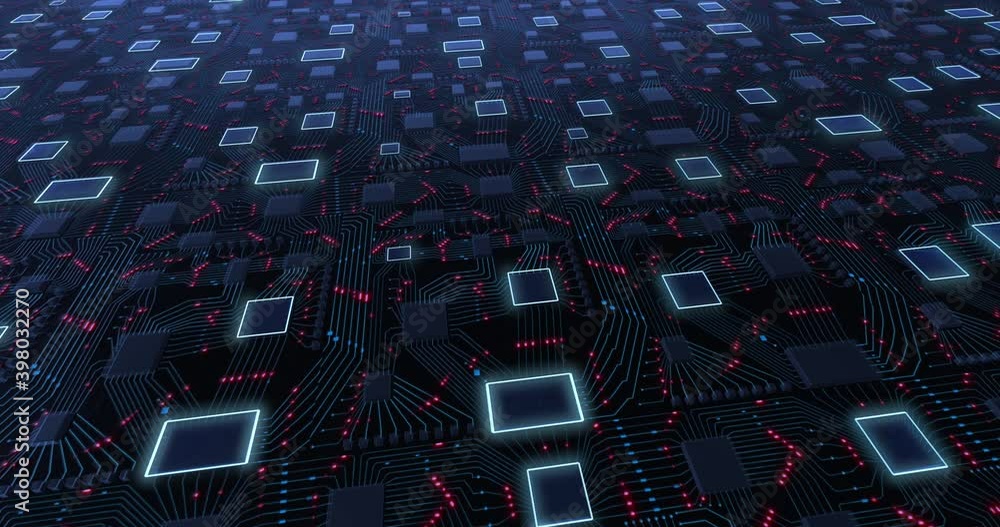 3D animation of glowing electric light blue on red background in the ...